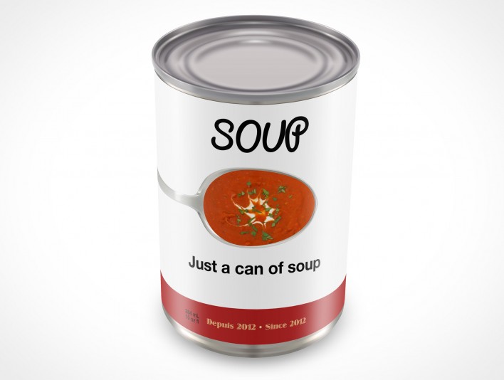 Render label designs on this Metal Soup Can Mockup 8 in seconds