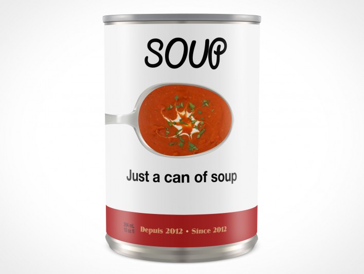 Display your art in this Metal Soup Can Mockup 10 with PSDCovers