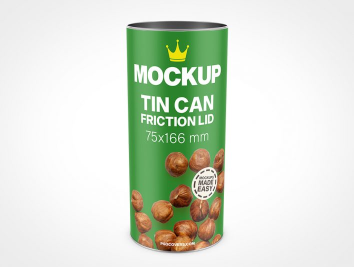Sample food branding on this blank Friction Lid Tin Can Mockup 1